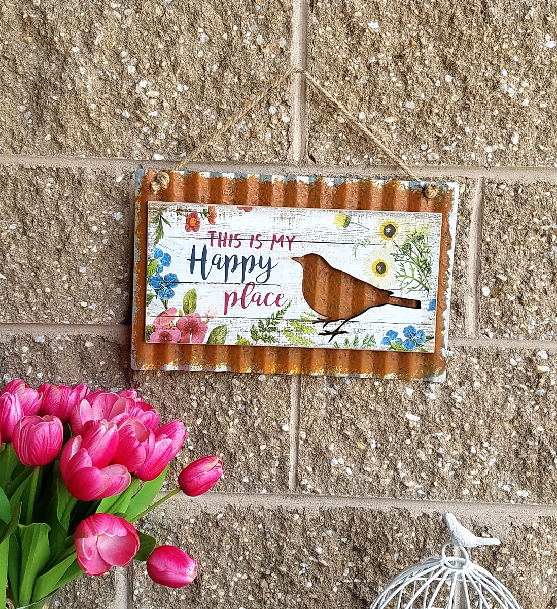 Metal & Wood Wall Hanging Spring Summer Sign, 15" w This Is My Happy p ...